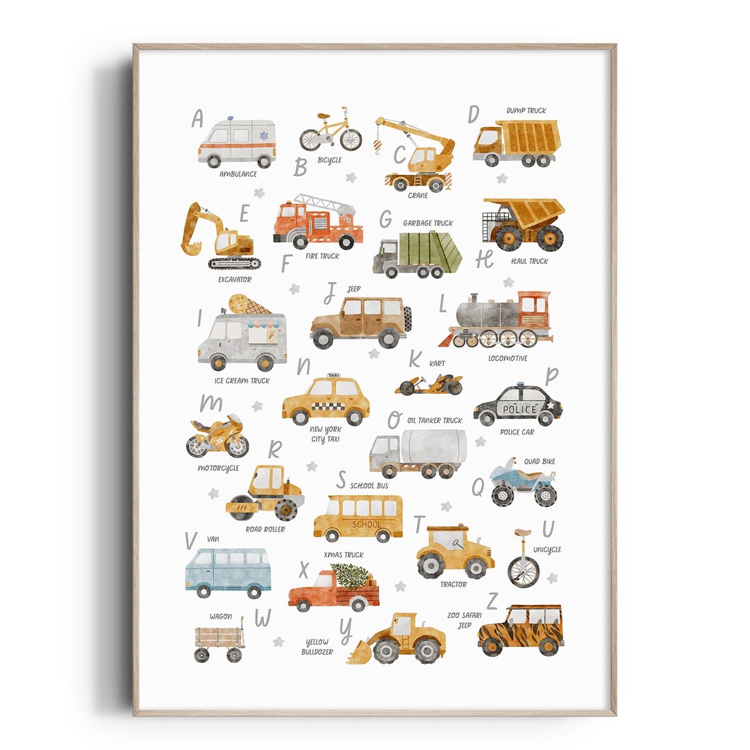 Vehicle Nursery Print, Construction Alphabet Poster, ABC Cars Print ...
