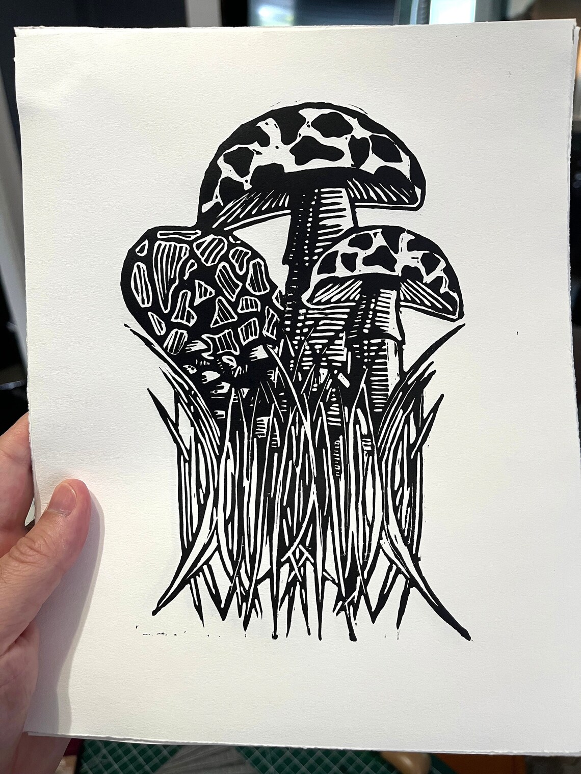 Three Mushrooms and Grass Linocut Handmade Art Print - Etsy