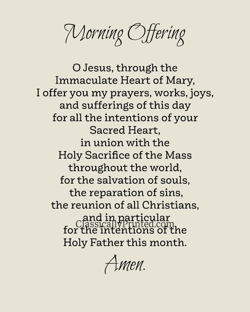 The Morning Offering Prayer Print, Digital, Catholic, Instant Download ...