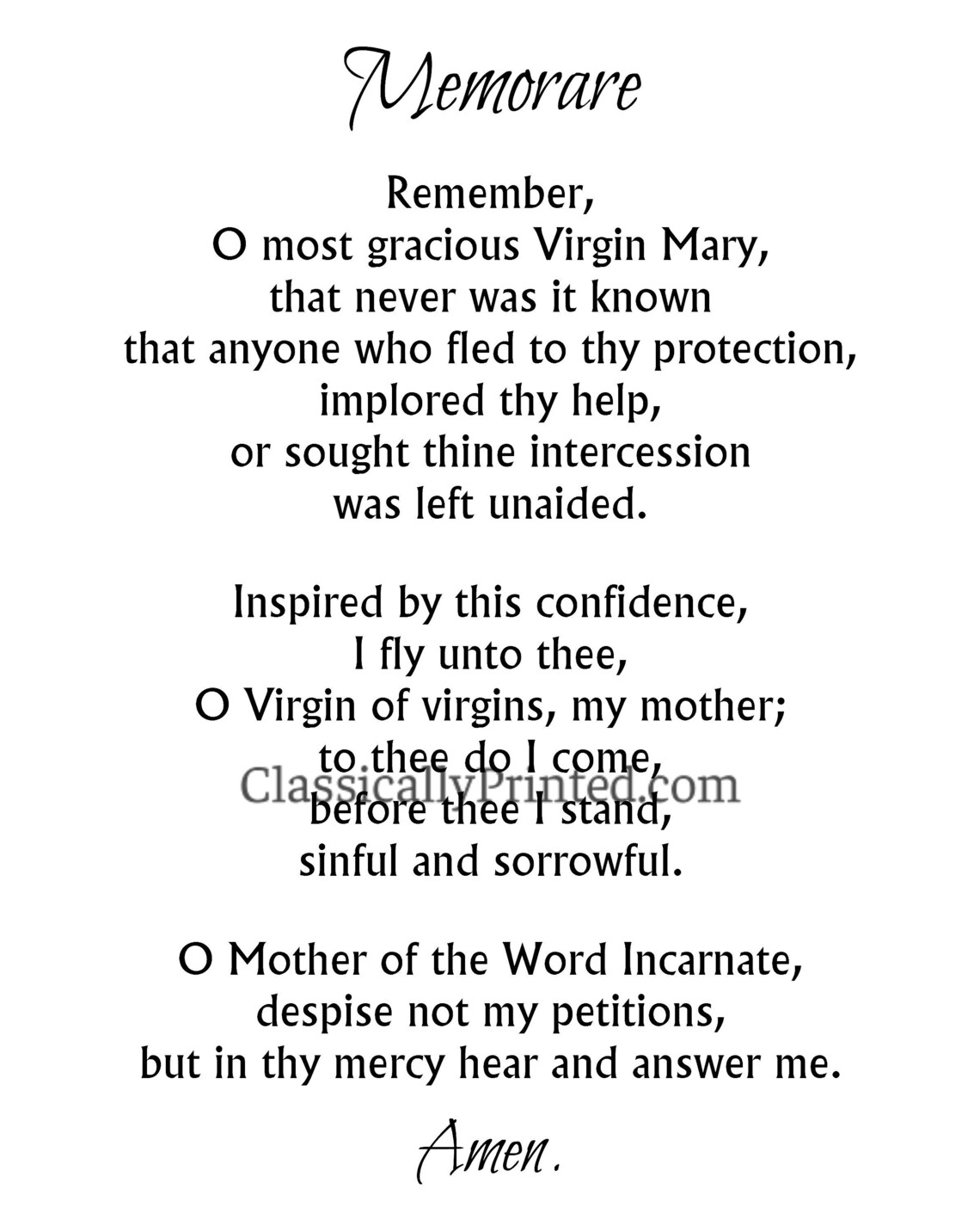 Memorare Prayer Print: Blessed Virgin Mary, Catholic Marian Devotion ...