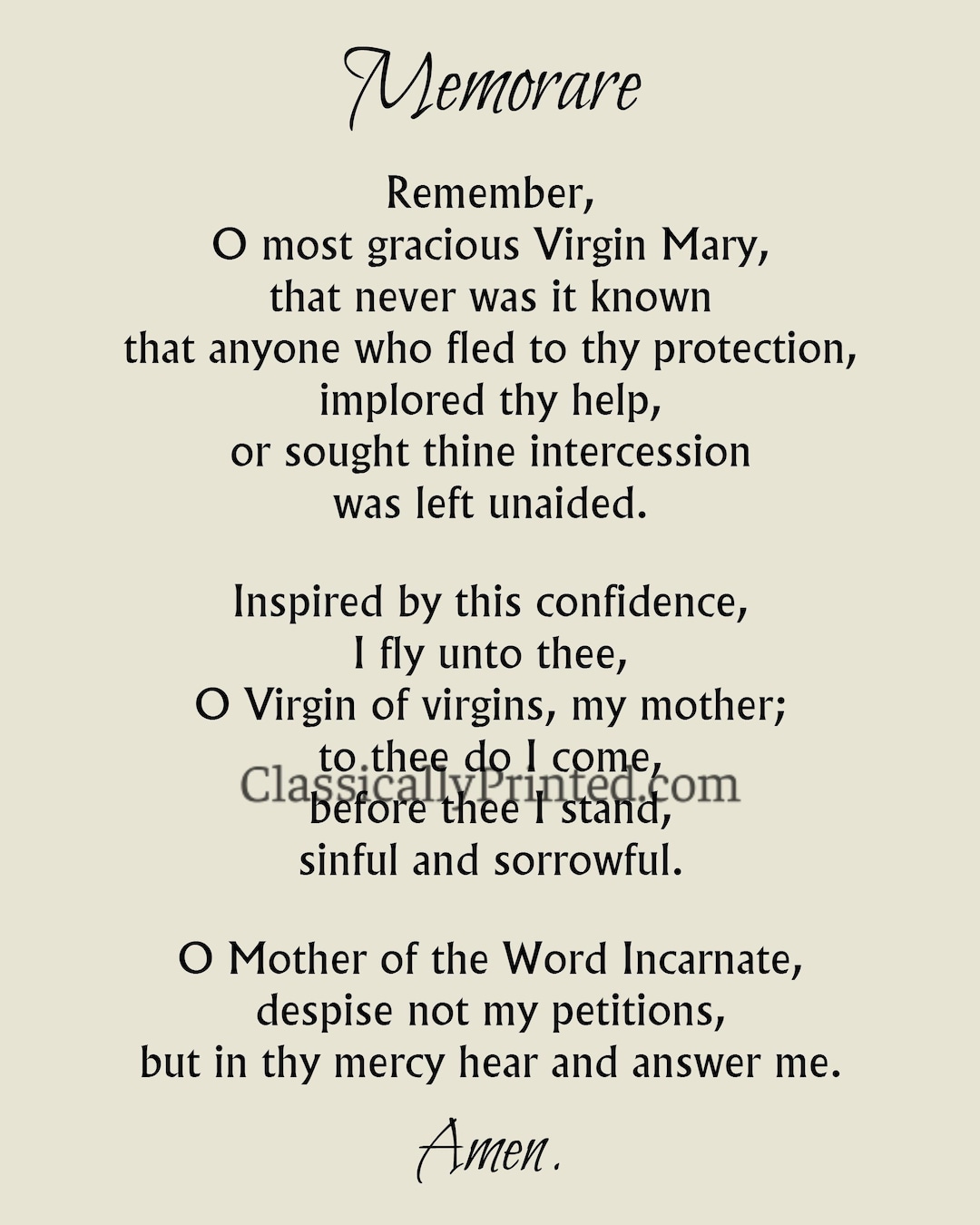 Memorare Prayer Print: Blessed Virgin Mary Catholic Art (digital ...