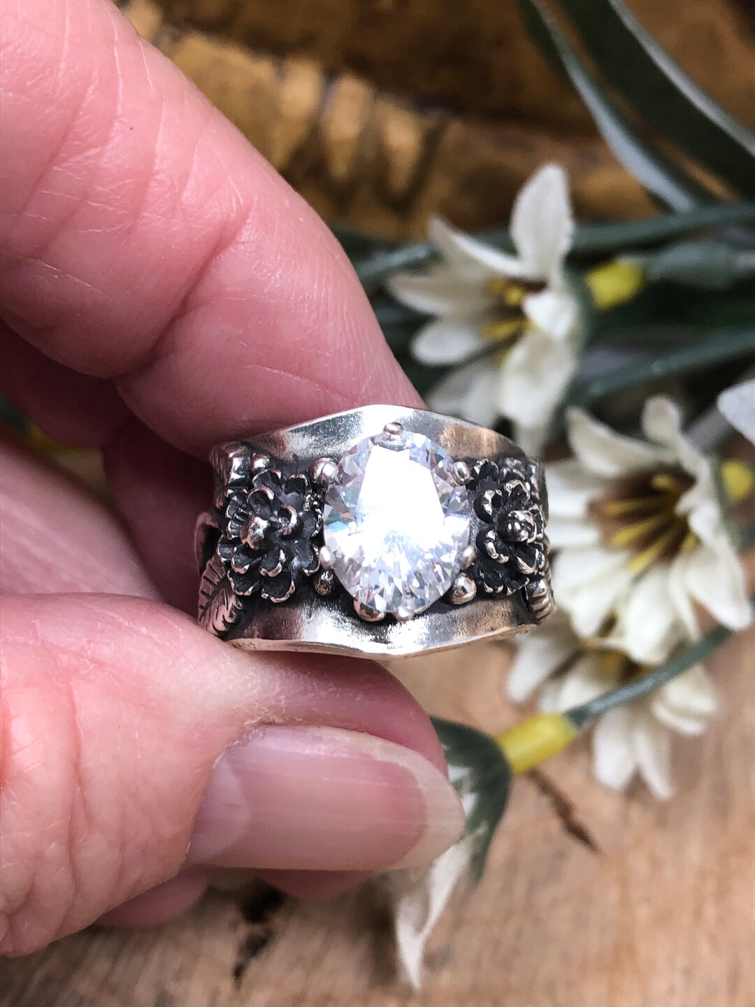 Artisan Fine Silver Carnation Zirconia Statement Ring - Etsy