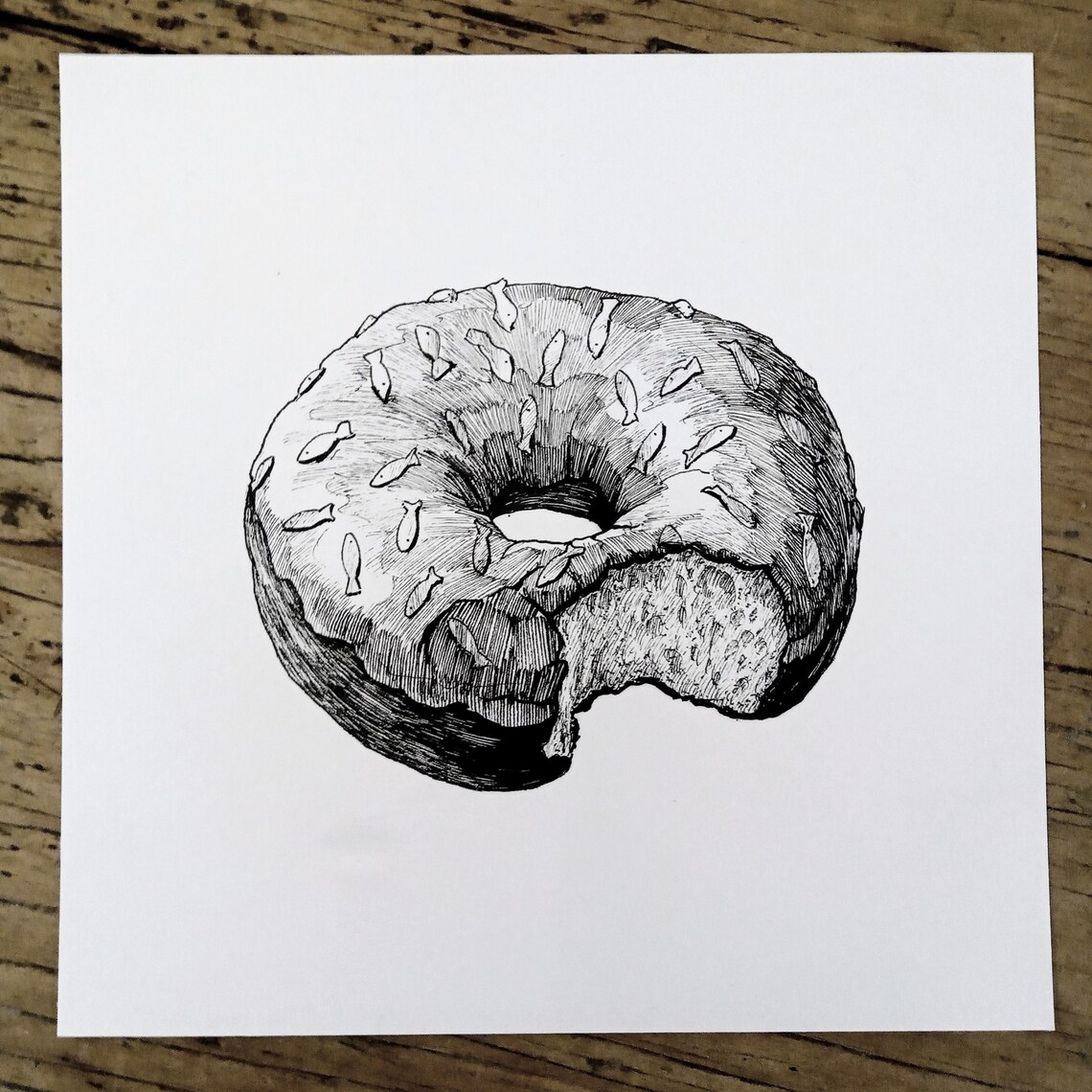 Original Fish Sprinkle Doughnut Illustration Hand Drawn Pen and Ink Art ...
