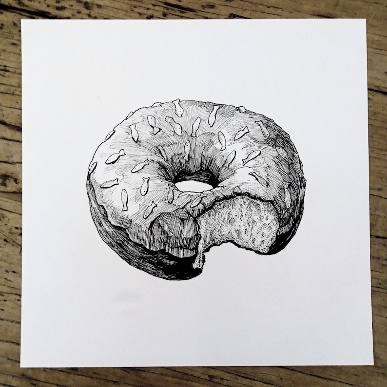 Original Fish Sprinkle Doughnut Illustration Hand Drawn Pen and Ink Art ...
