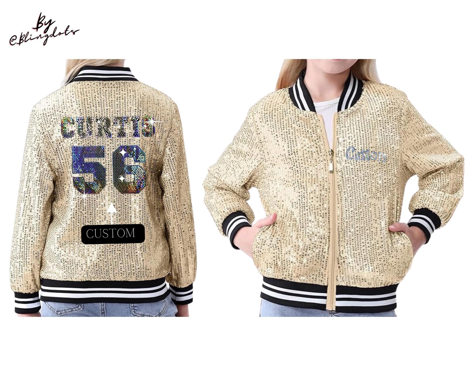Girl's Custom Sequin Glitter Bomber Jacket, Personalized Text or Logo ...