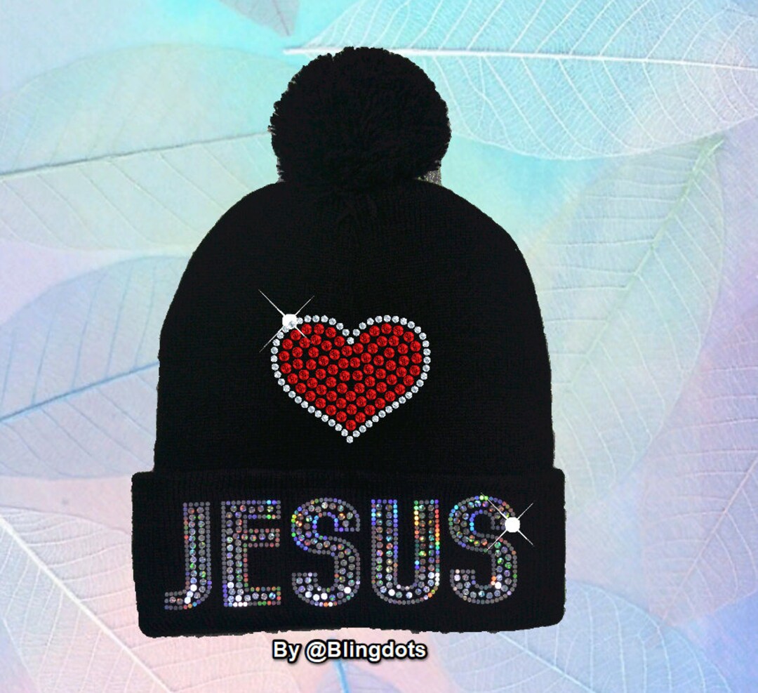 I Love Jesus Bling Beanie Glitter Pom-pom Knit Winter Hat, Personalized ...