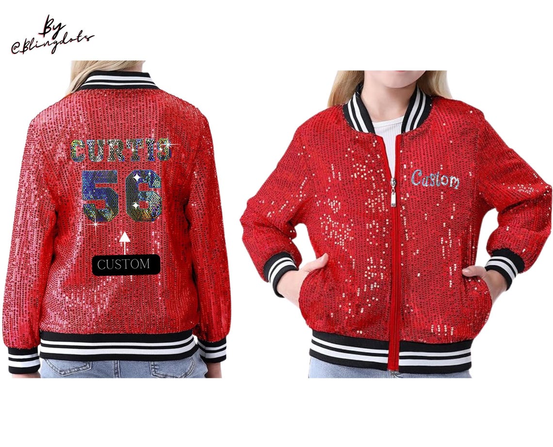 Girl's Custom Sequin Glitter Bomber Jacket, Personalized Text or Logo ...