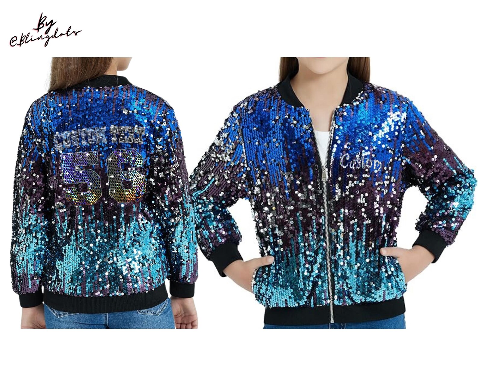 Girl's Custom Sequin Glitter Bomber Jacket, Personalized Text or Logo ...
