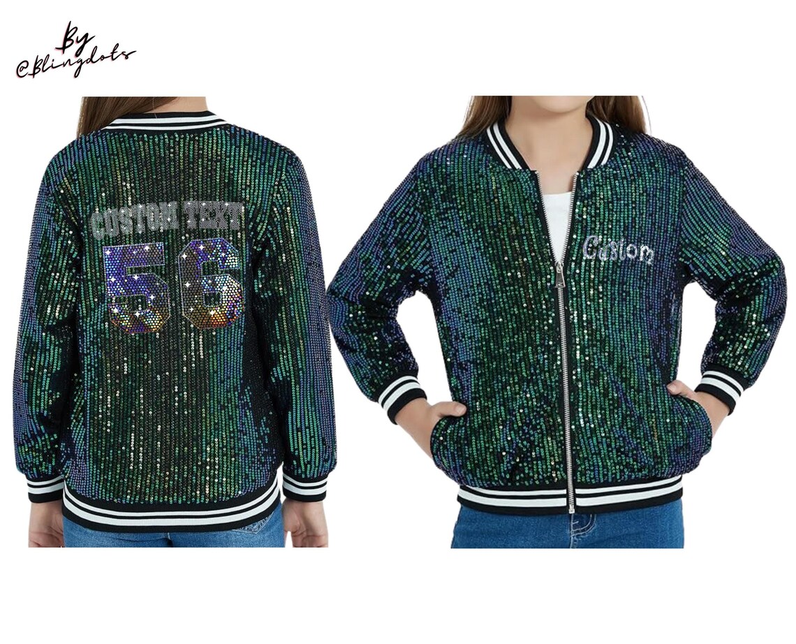 Girl's Custom Sequin Glitter Bomber Jacket, Personalized Text or Logo ...