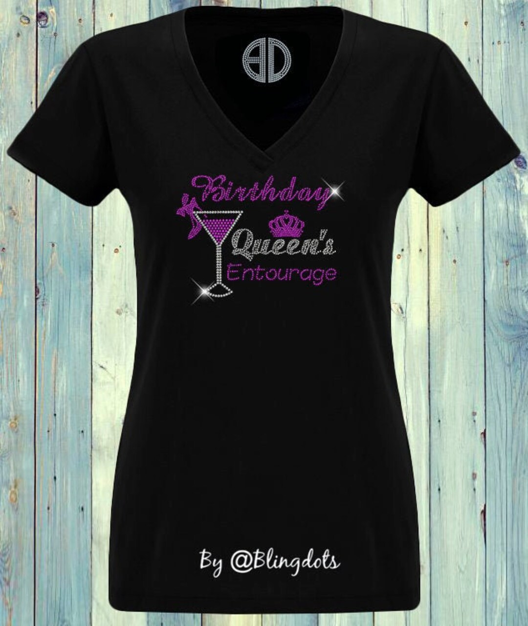 Birthday Queens Entourage Bling Shirt V Neck Sequins Logo Glitter No