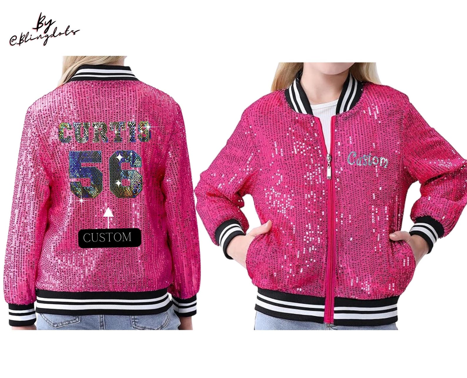 Girl's Custom Sequin Glitter Bomber Jacket, Personalized Text or Logo ...