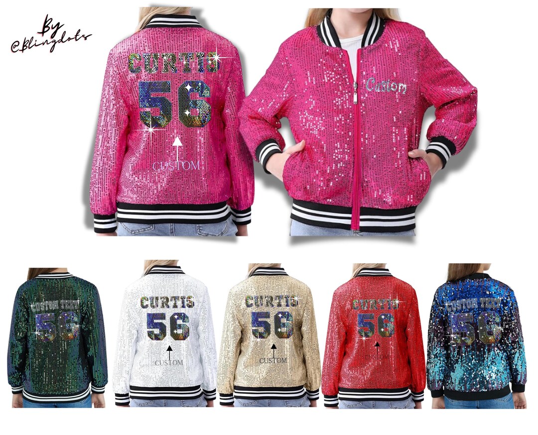 Girl's Custom Sequin Glitter Bomber Jacket, Personalized Text, Bling ...