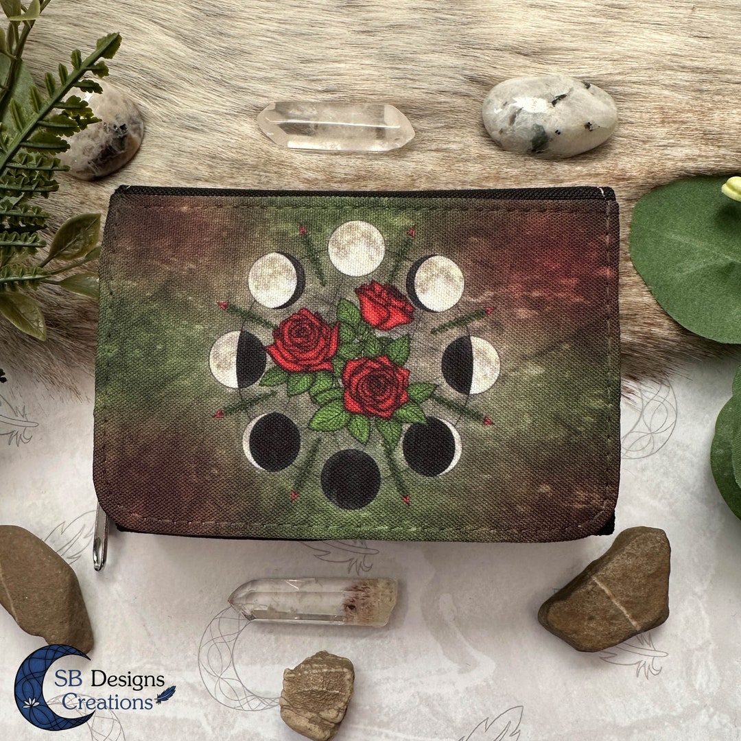 Roses Moon Phases Wallet Green Witch Zipper Wallet Flower Magic Art ...