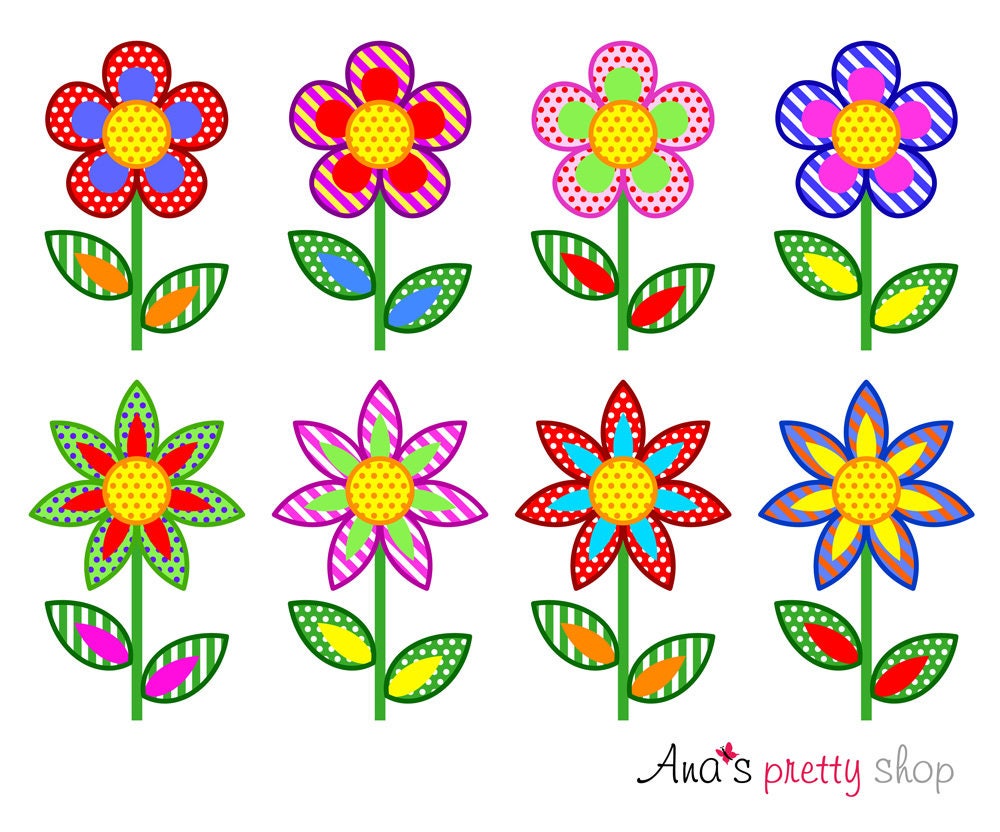 Digital Flowers Clipart, Colorful Flowers Set, Patchwork Flowers ...