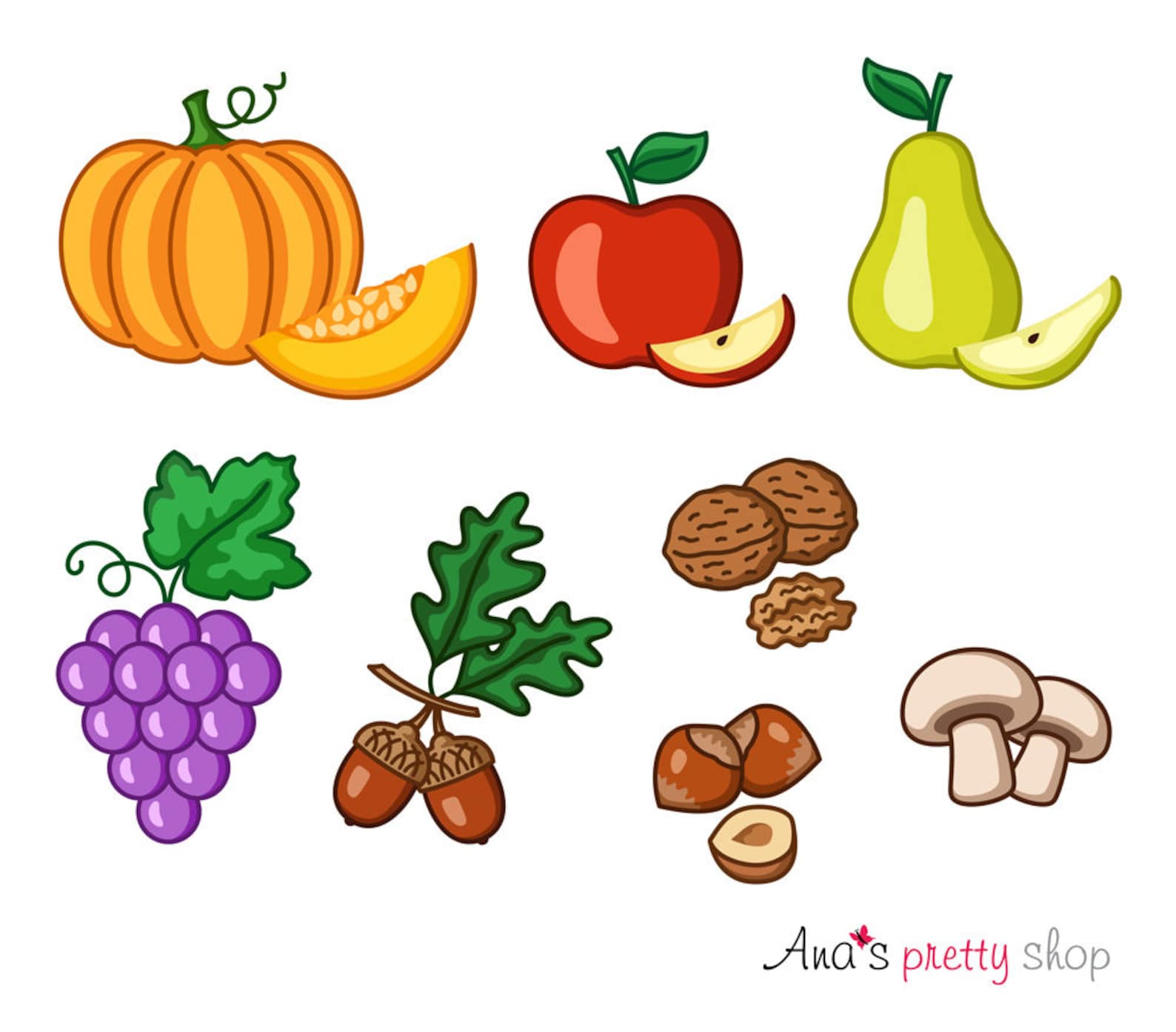 Herbst Früchte Clipart, Kürbis Clipart, Apfel Clipart, Birne, Trauben ...