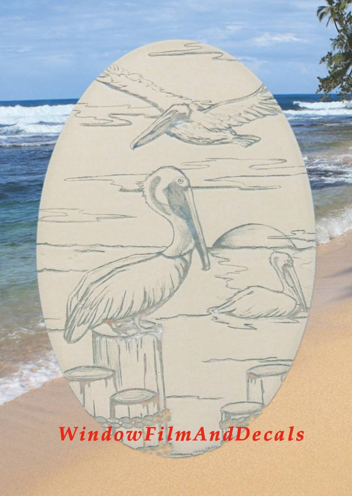 Pelican Scene Oval Static Cling Window Decal 8" X 12" - White W/clear ...