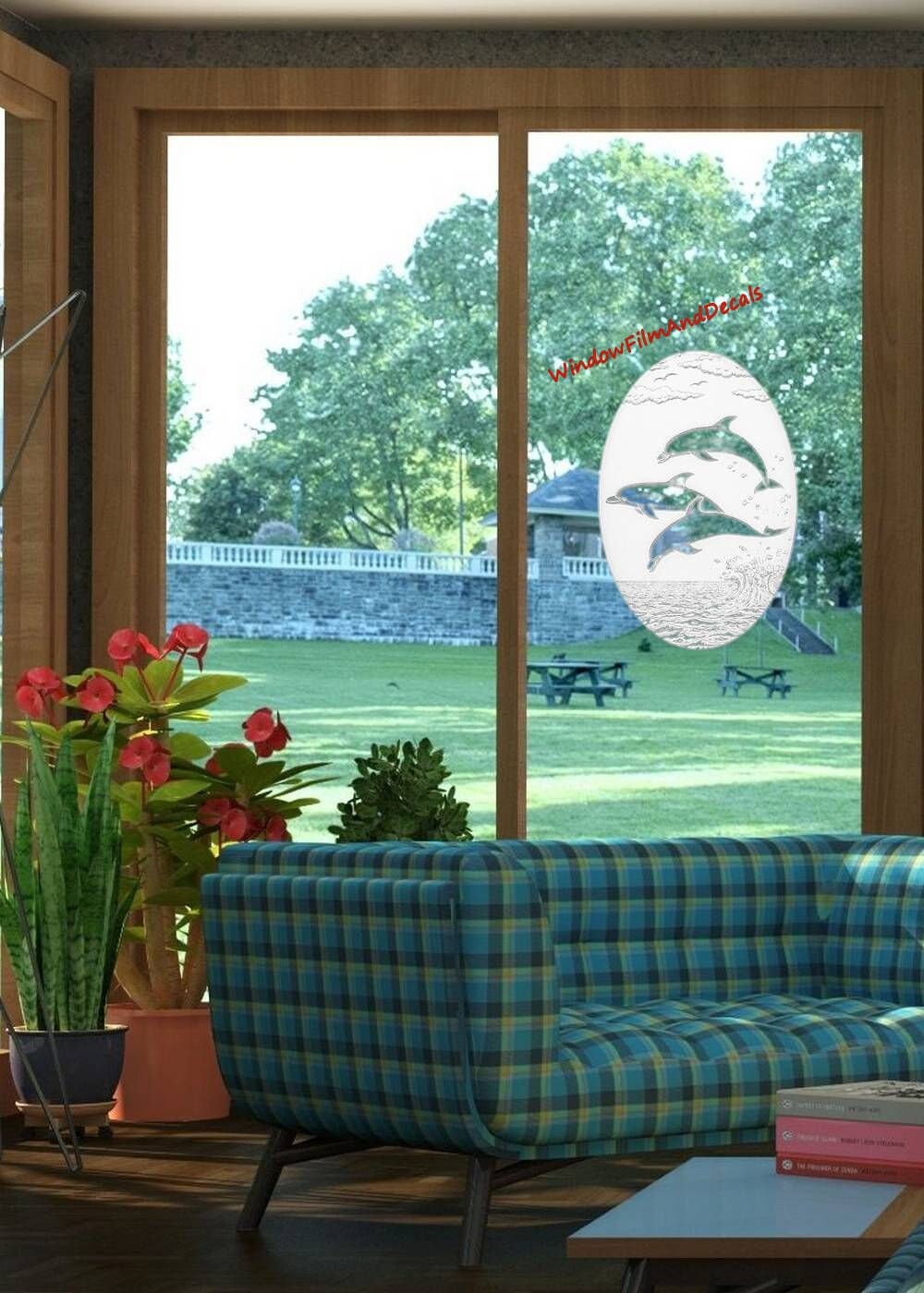 Dolphins Jumping Oval Static Cling Window Decal 15" X 23" - White W ...