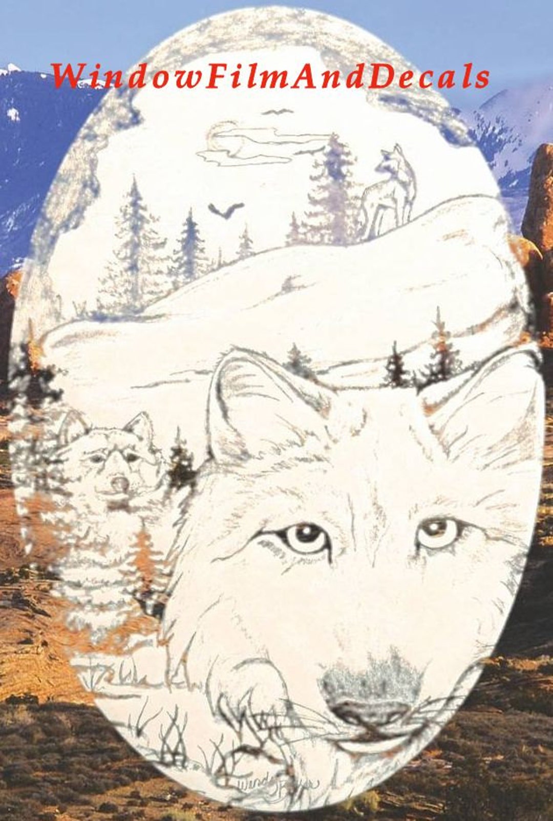 Wolf Scene Oval Static Cling Window Decal 8" X 12" - White W/clear ...
