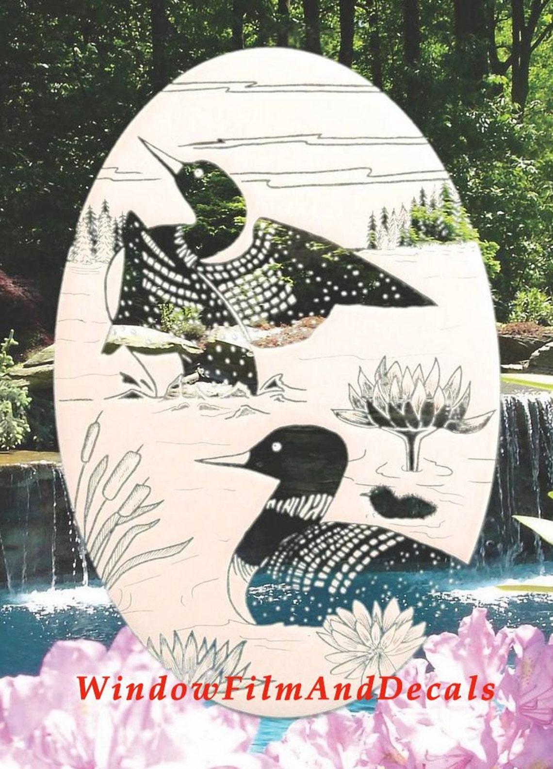 Loons Scene Oval Static Cling Window Decal 10.5" X 16" - White W/clear ...