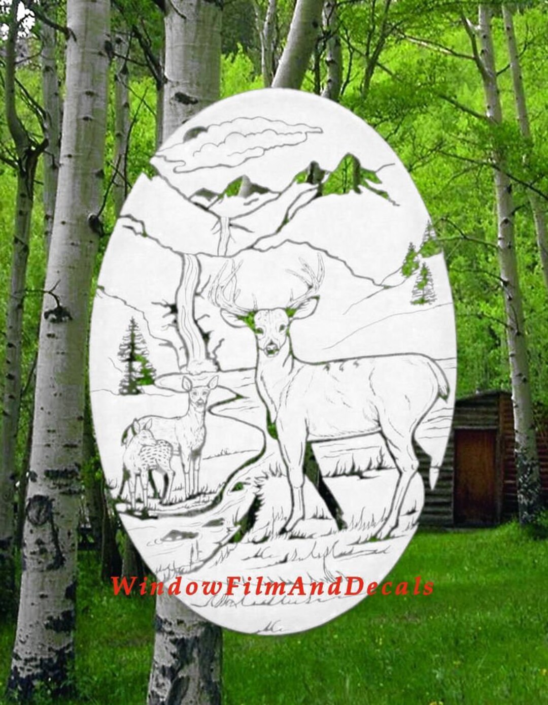 Deer Scene Oval Static Cling Window Decal 8" X 12" - White W/clear ...