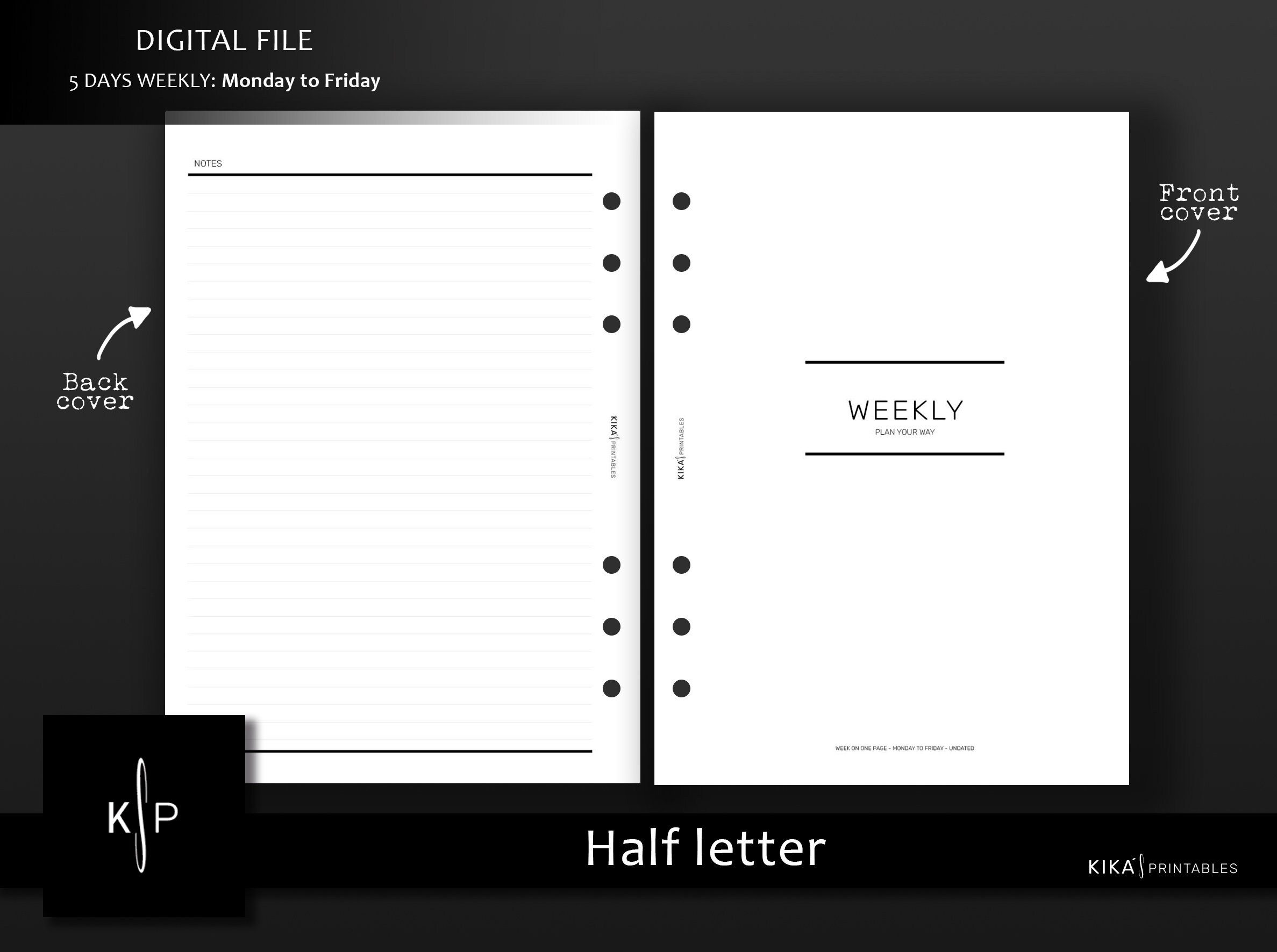 Work Week Planner Inserts Printable - Half Letter Weekly PDF - Minimal ...