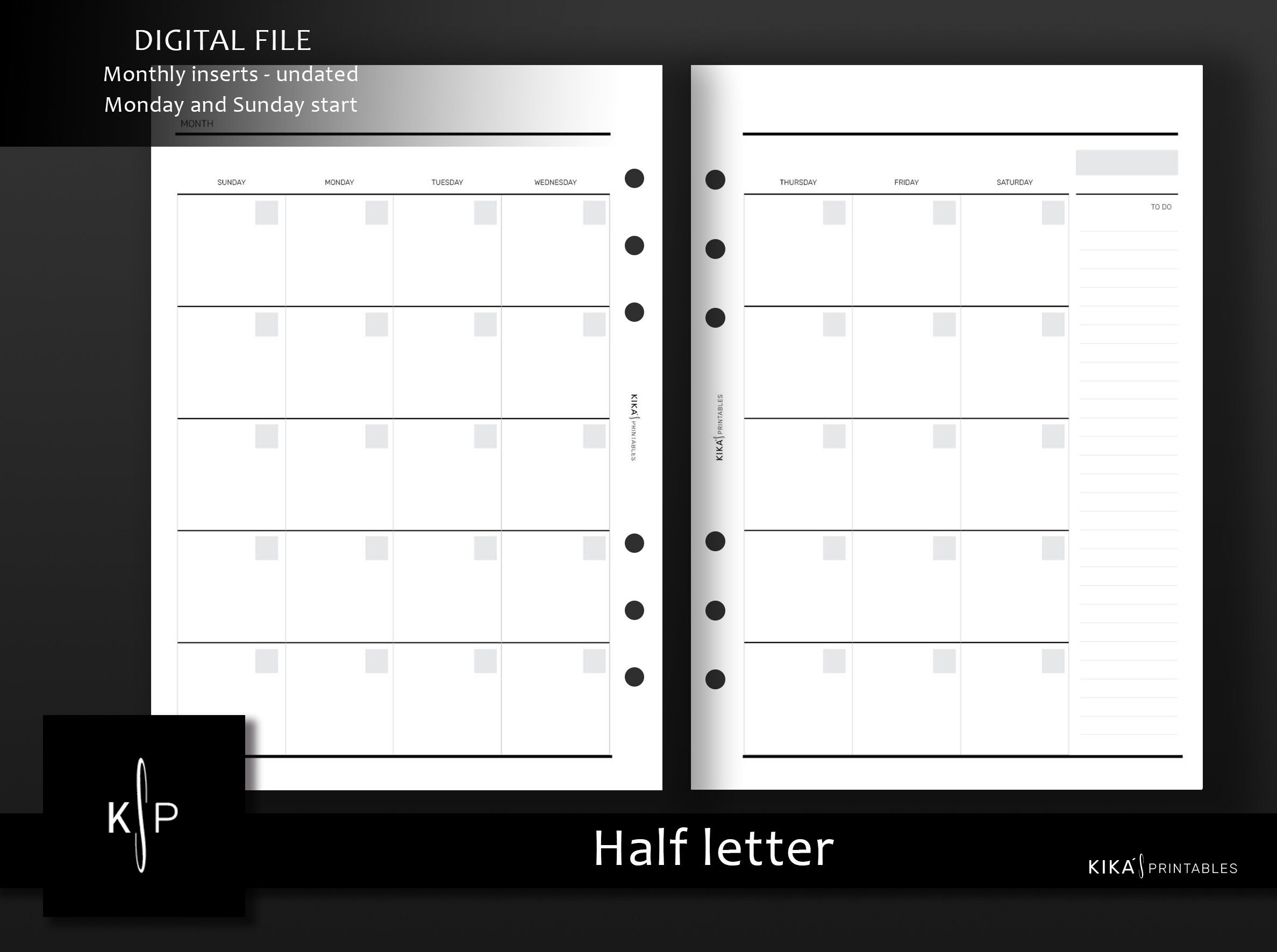 Month on 2 Pages Undated - Printabe Half Letter Planner Insert ...
