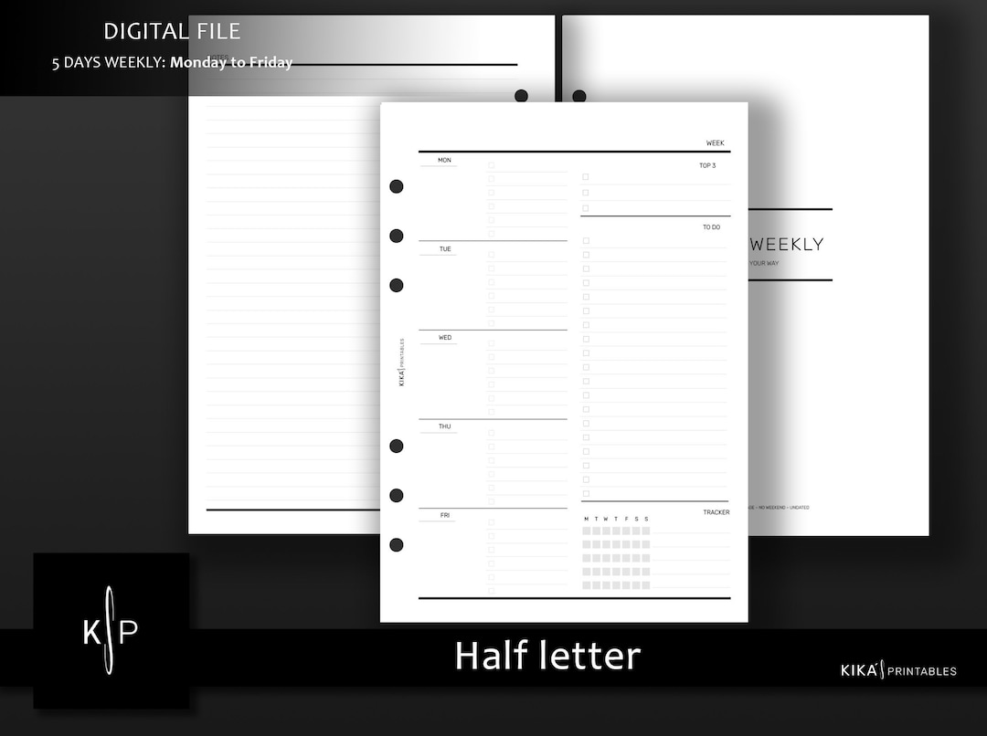 Work Week Planner Inserts Printable - Half Letter Weekly PDF - Minimal ...