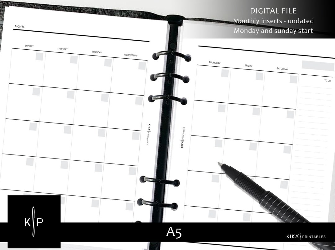 Undated Month on 2 Pages Planner Insert - A5 Printable Monthly Calendar ...
