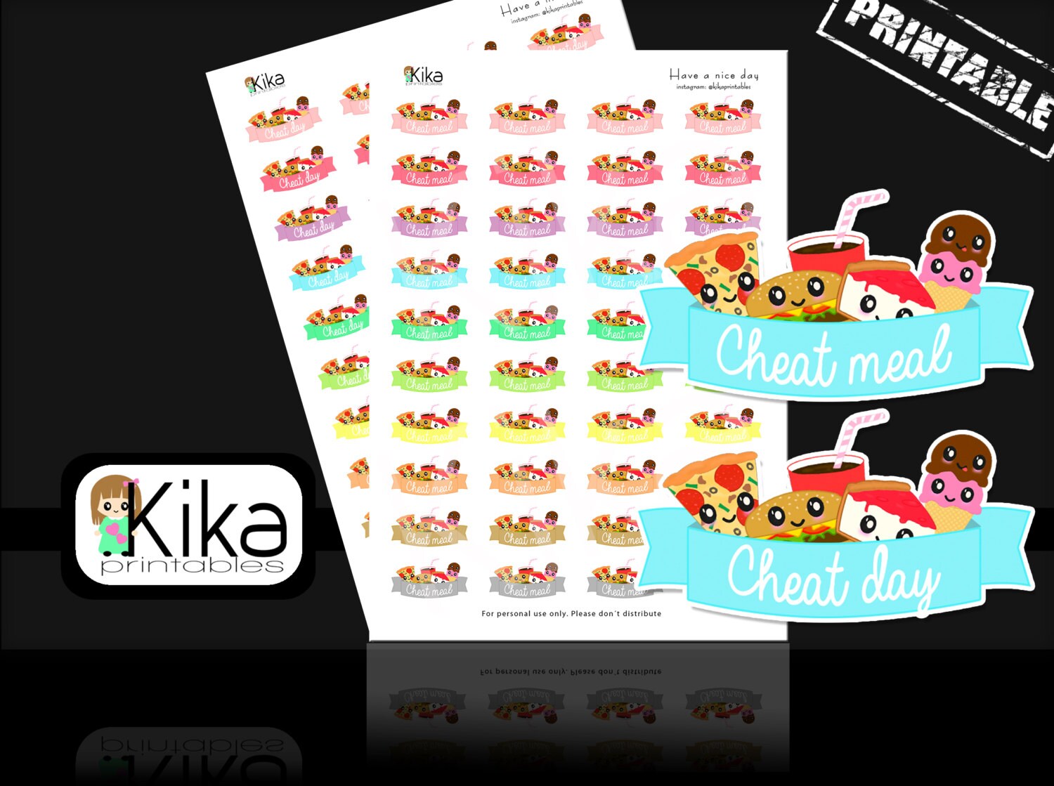 Printable Stickers Cheat Day Planner Sticker Kawaii Cheat Meal Stickers ...