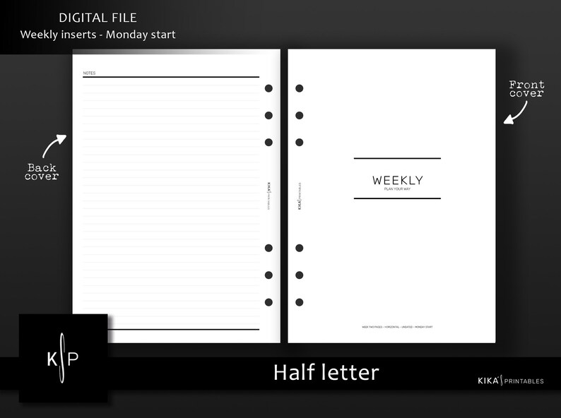 Week on 2 Pages Vertical Printable Planner Inserts - US Half Letter ...
