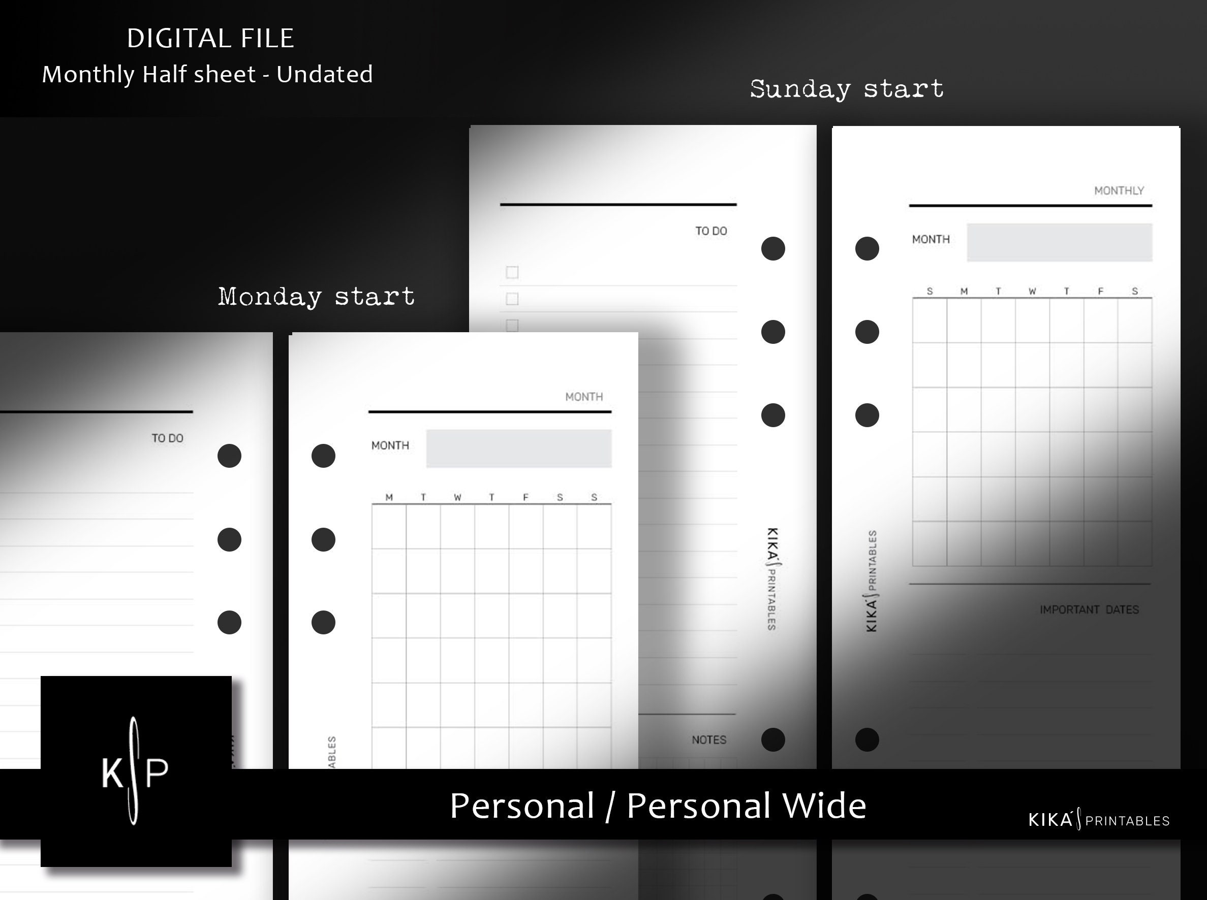 Monthly Half Sheet Planner Inserts | Personal, Personal Wide Half Sheet ...
