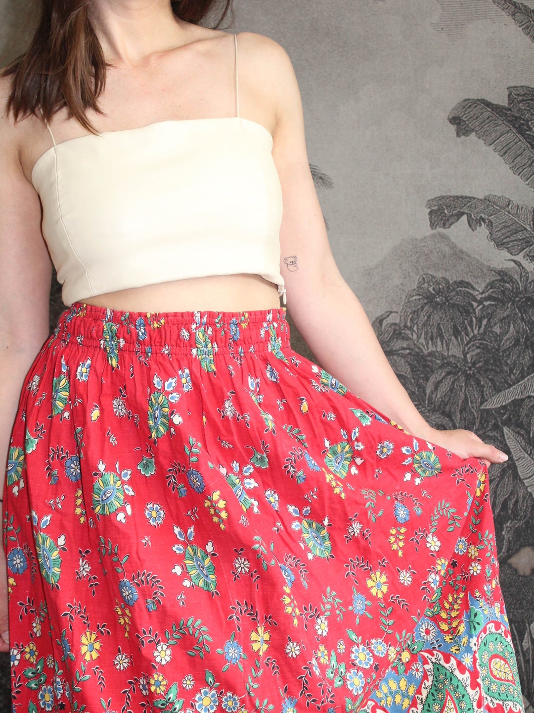 Vintage Folklore knallrot floral Midi Länge Rock - Etsy Österreich