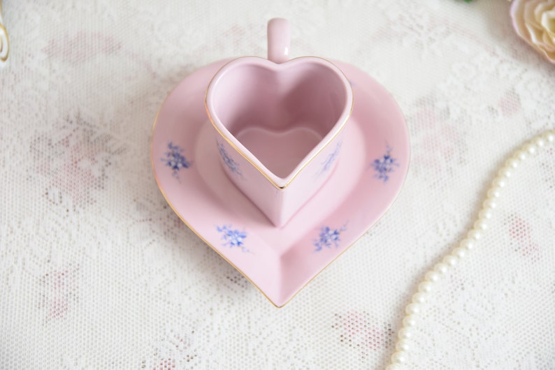 Heart-shaped Pink Cup and Saucer With Blue Floral Design and Gold Trim ...