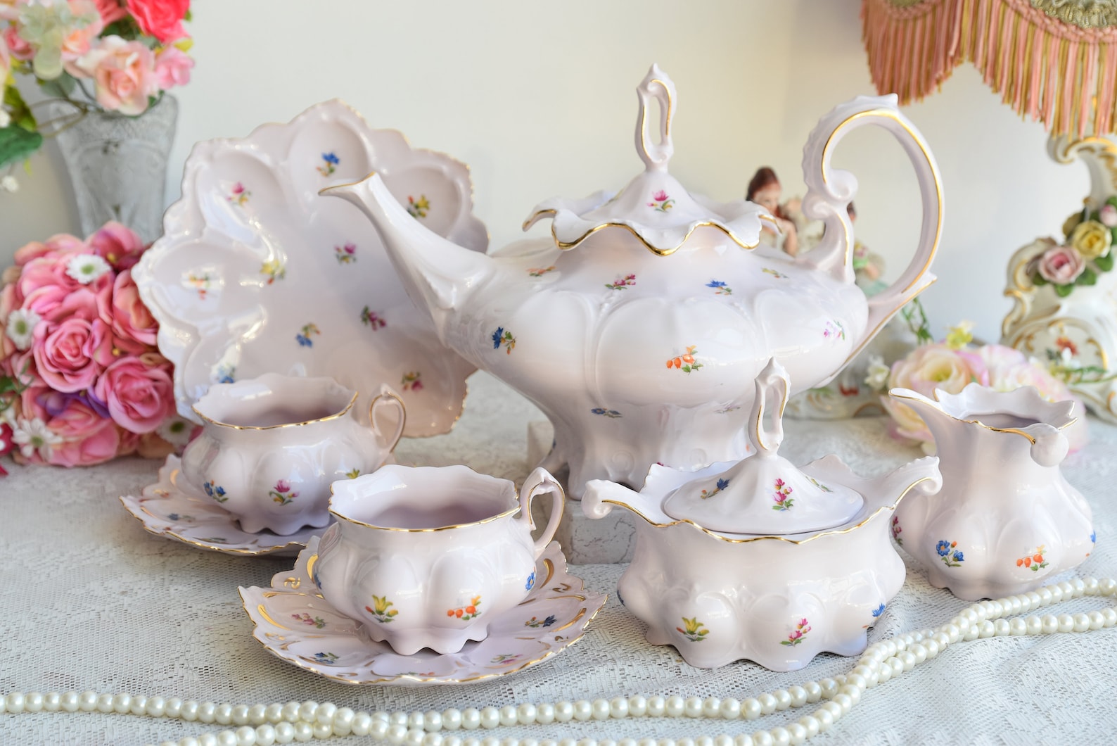 Vintage Pink China Tea Set, Pink Porcelain Tea Set With Tea Pot, Floral ...
