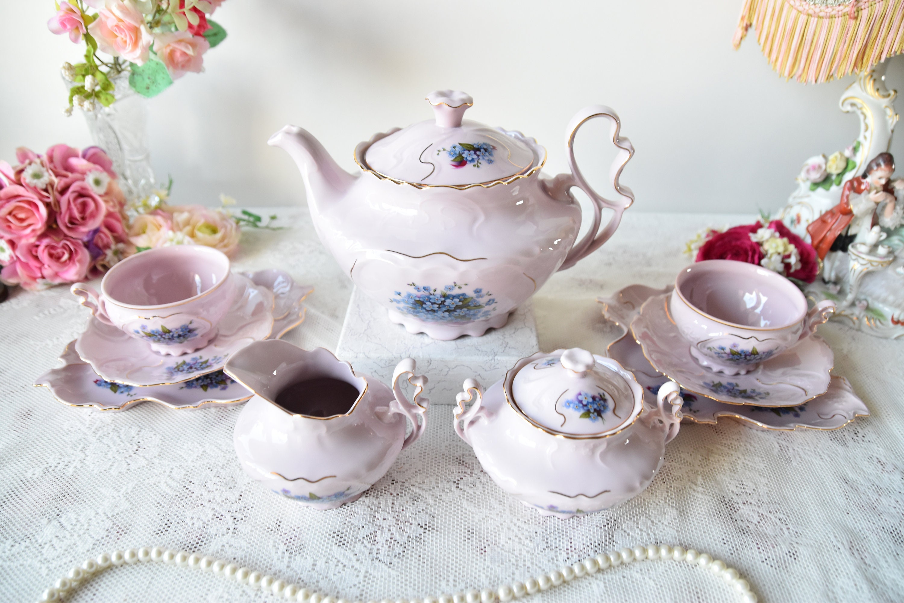 Pink China Set Vintage Pink Tea Pot Set With Roses Porcelain - Etsy