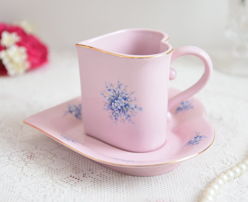 Heart Shaped Vintage Inspired Teacup and Saucer Pink Porcelain by LL - Etsy