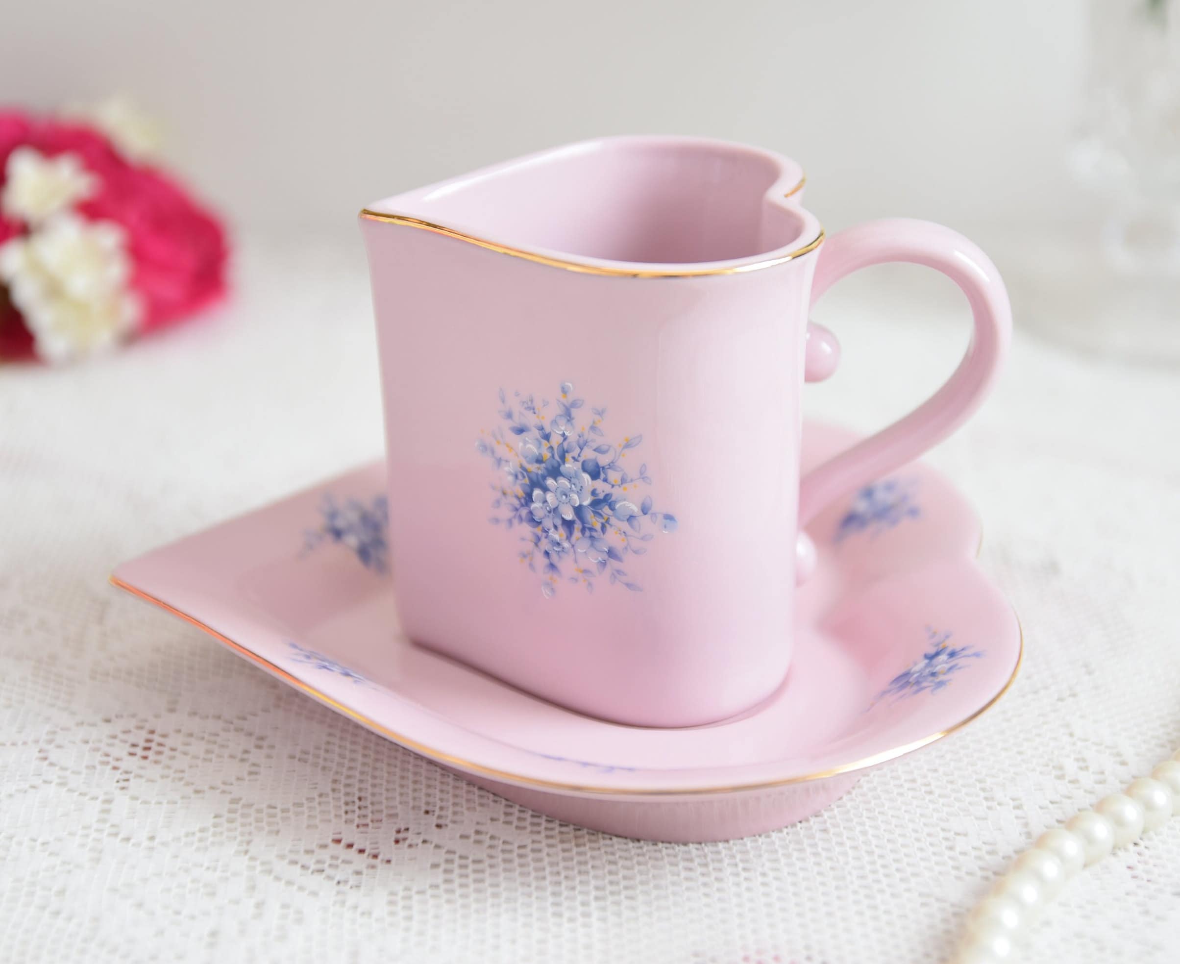 Heart Shaped Vintage Inspired Teacup and Saucer Pink Porcelain by LL - Etsy
