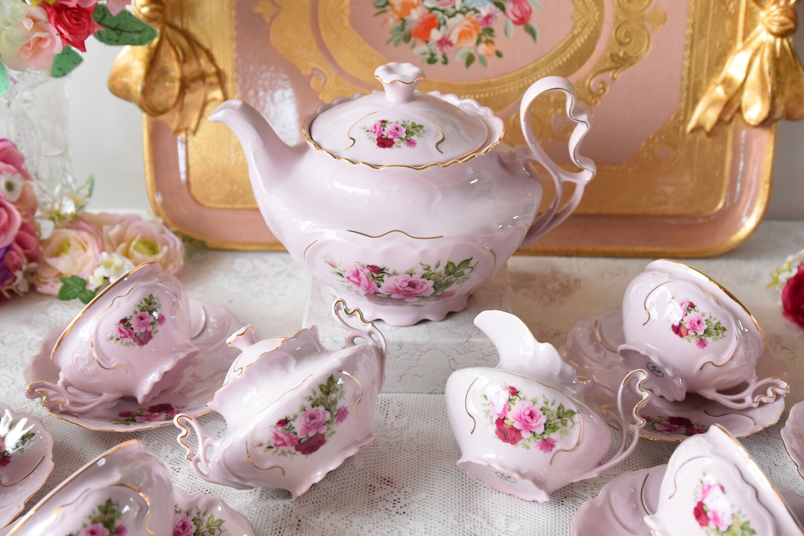 Collectibles China Tea Service Set Pink China Set Vintage | Etsy