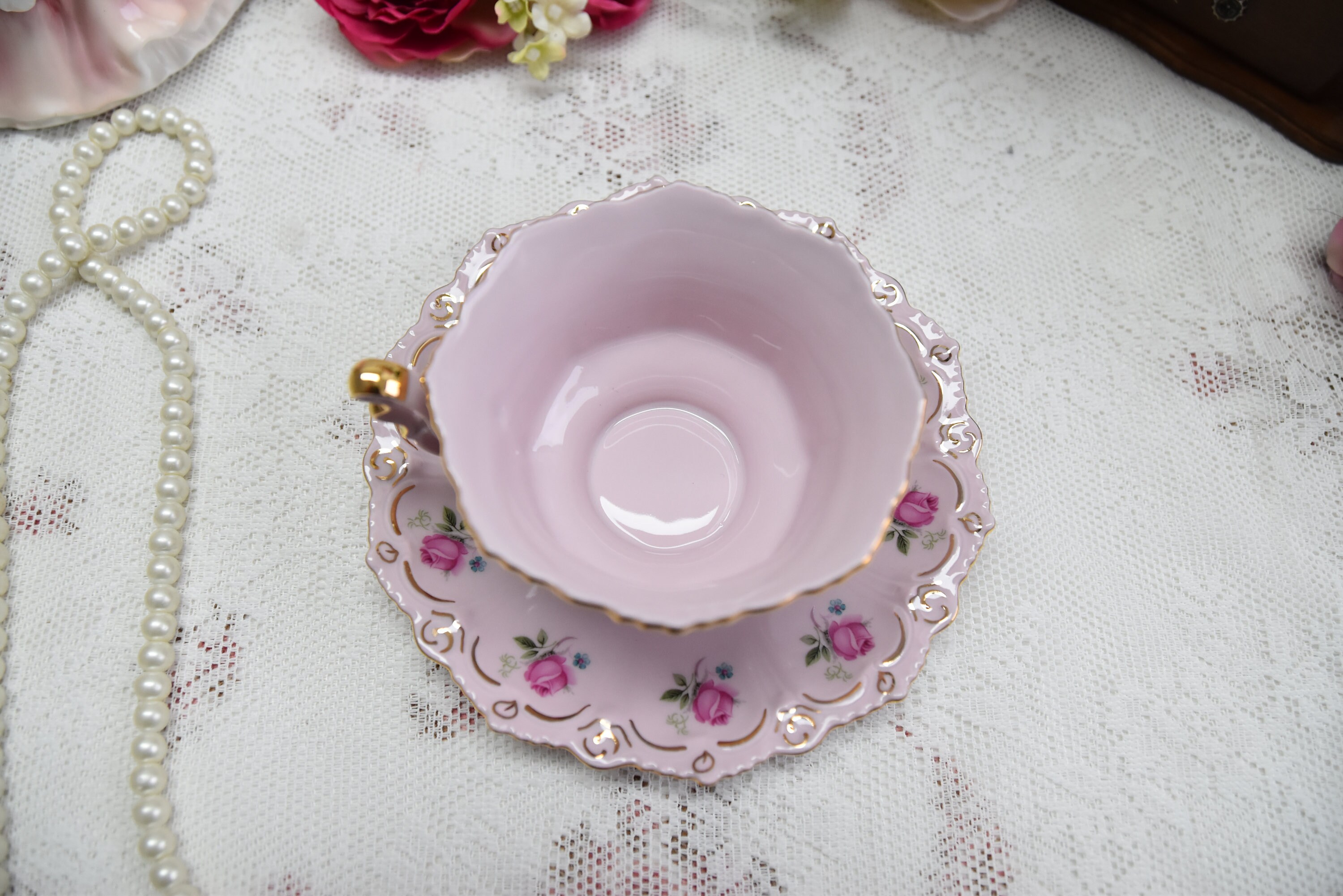 Elegant Pink Porcelain Tea Cup and Saucer With Gold Trim - Etsy