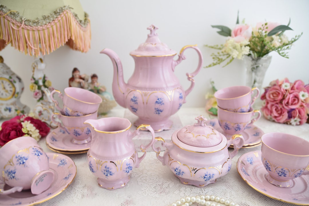 Pink Porcelain Coffee Set With Floral and Gold Decorations - Etsy