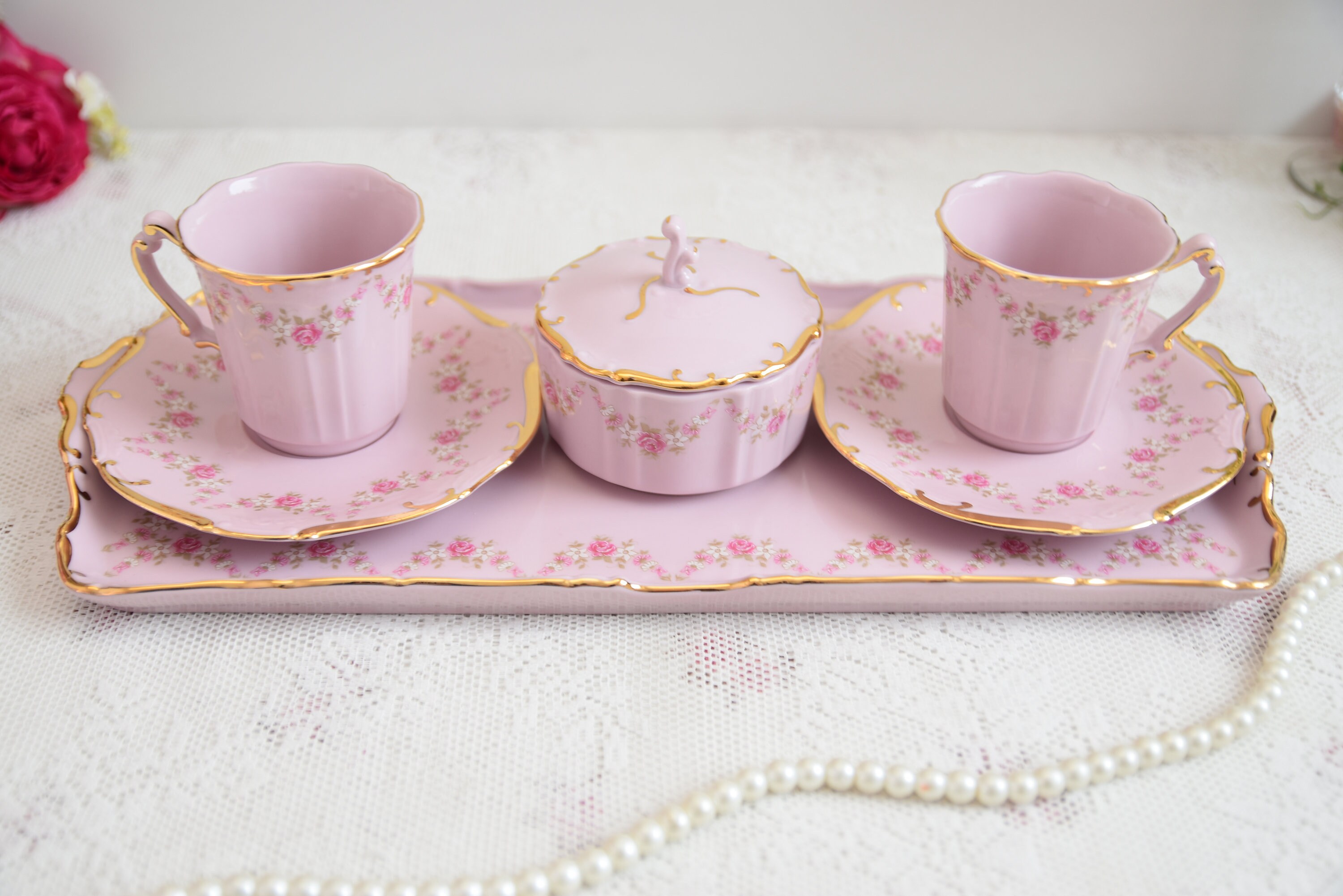 Pink Porcelain TV Set for Two, Tea Set Vintage Porcelain Slav Porcelain ...