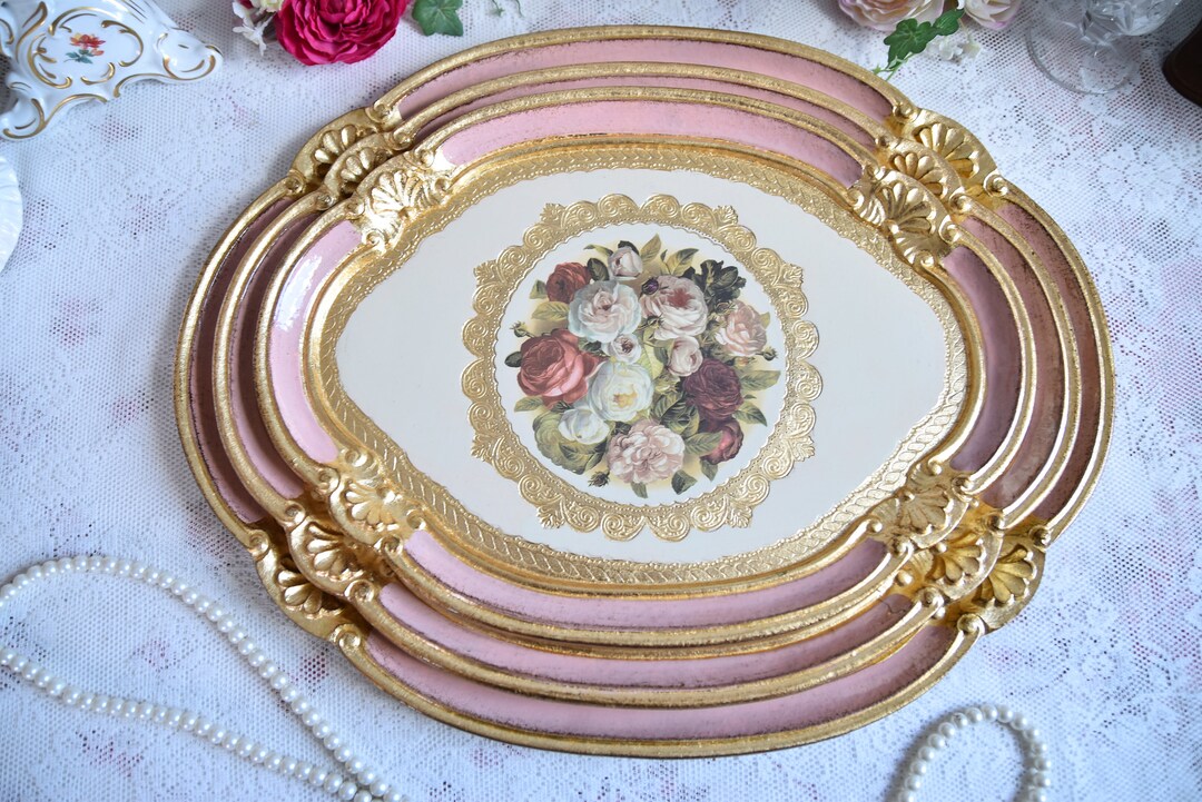 Hand Painted Tray Gold Pink, Italian Vintage Tray Gold, Oval Tray With ...