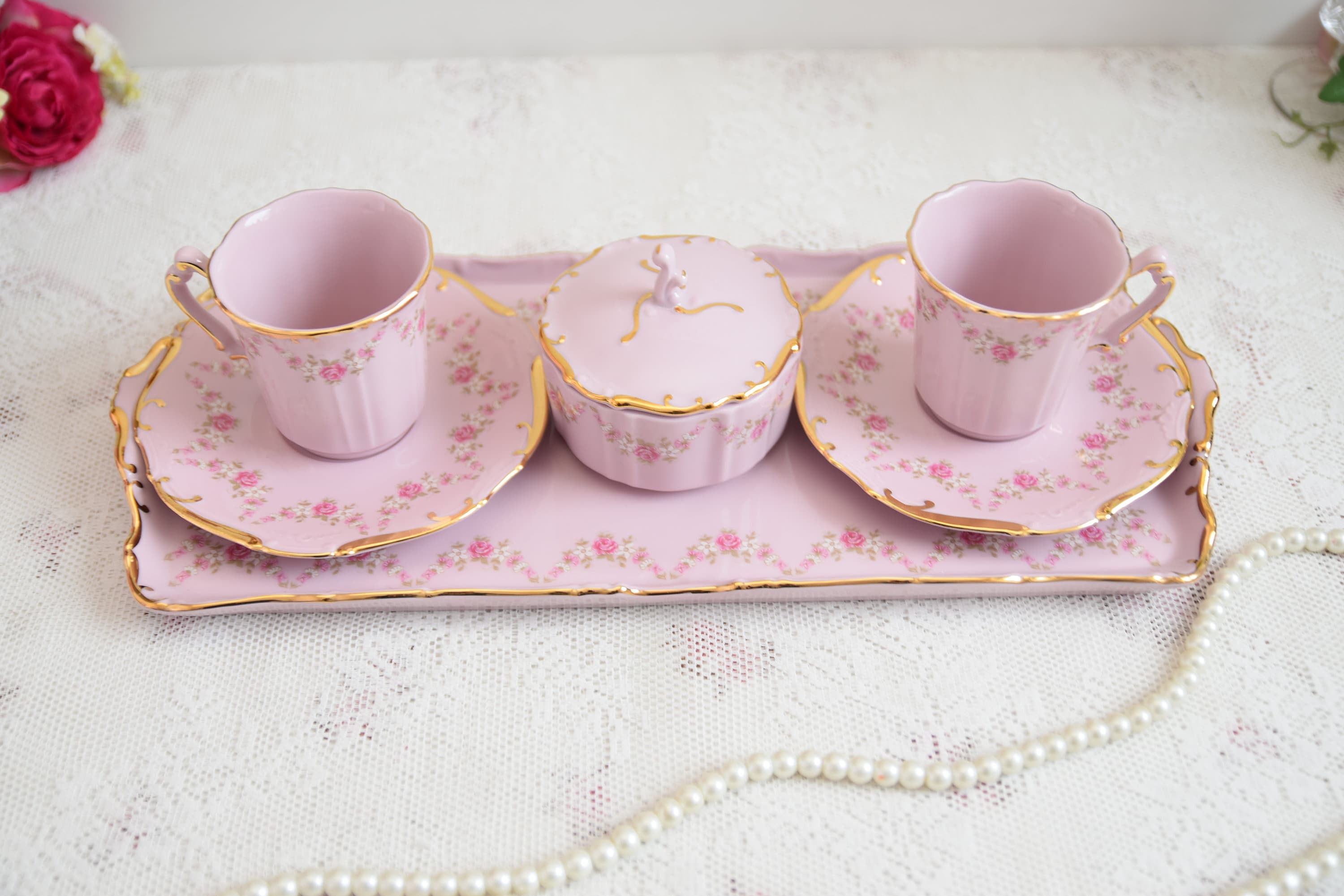 Pink Porcelain TV Set for Two, Tea Set Vintage Porcelain Slav Porcelain ...