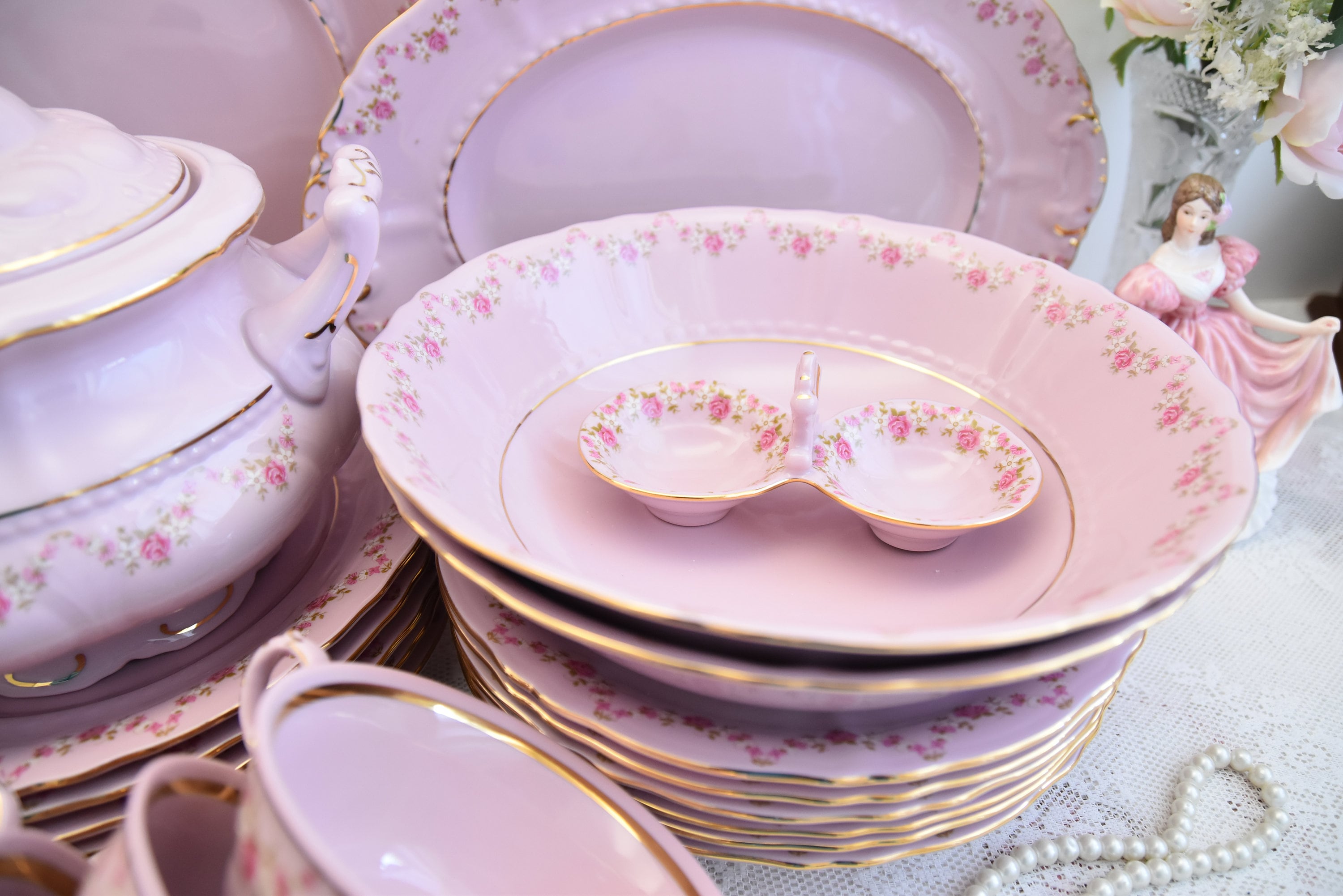 Traditional Pink Porcelain Dinner Set Pink Porcelain by LL for - Etsy