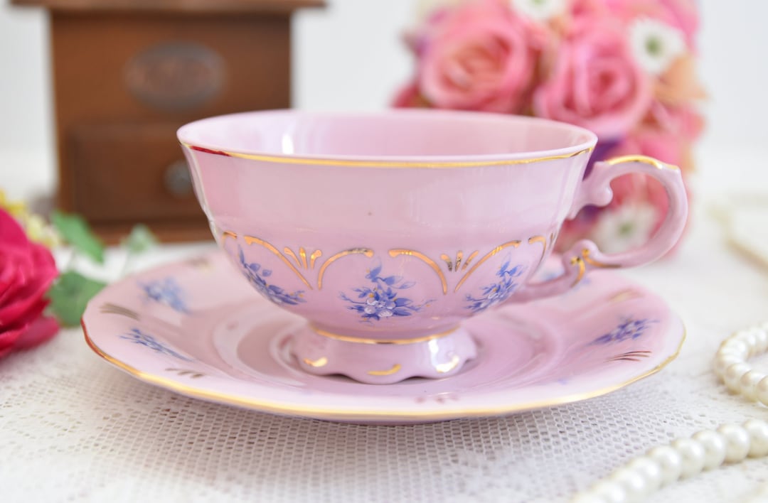 Pink Porcelain Tea Cups and Saucers With Blue Flowers, Vintage Pink ...