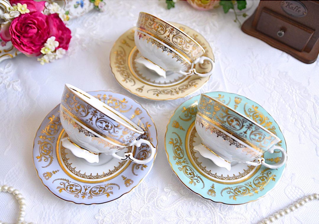 Leander Empire Style Teacup Duo, Gold Gilded Porcelain, Mint Blue Cream ...