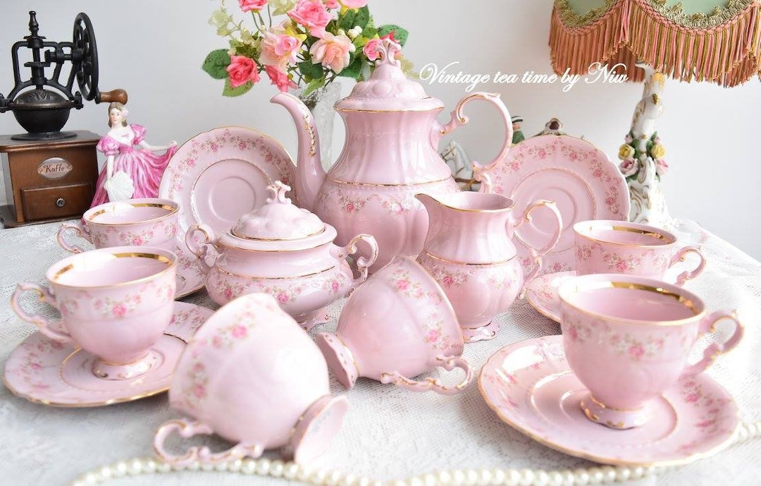 Pink Porcelain Coffee Set With Floral and Gold Decorations - Etsy
