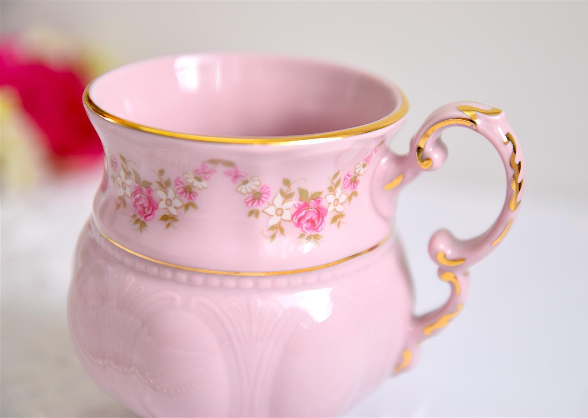 Pink Porcelain Mug With Gold Handle and Floral Garland – Elegant Hand ...