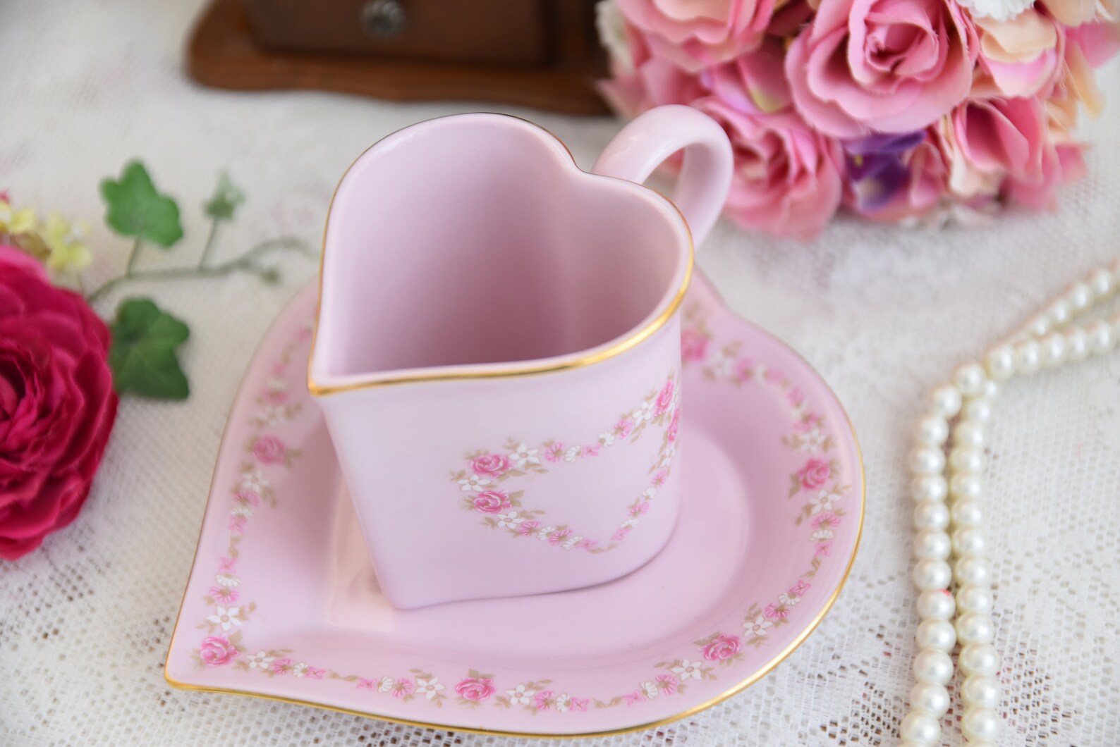 Heart Shaped Vintage Inspired Teacup and Saucer Pink Porcelain by LL - Etsy