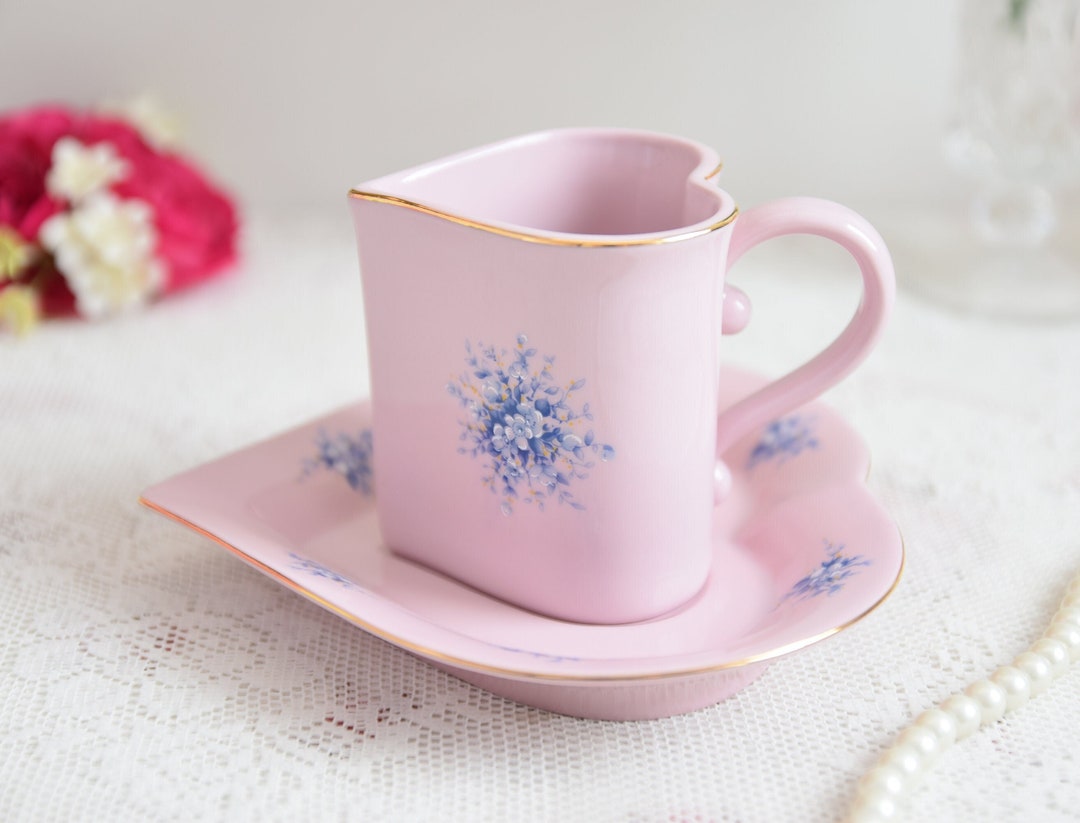 Heart-shaped Pink Cup and Saucer With Blue Floral Design and Gold Trim ...
